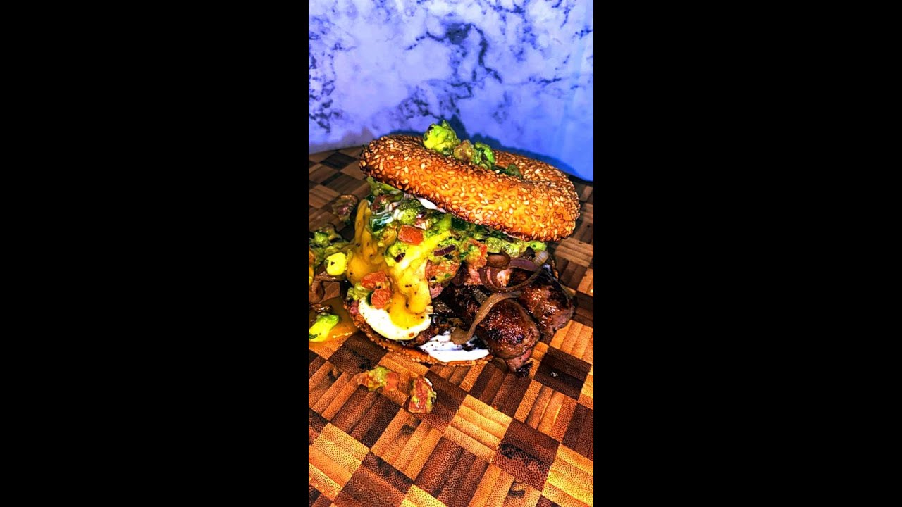 Breakfast Bagel Burger Recipe - YouTube