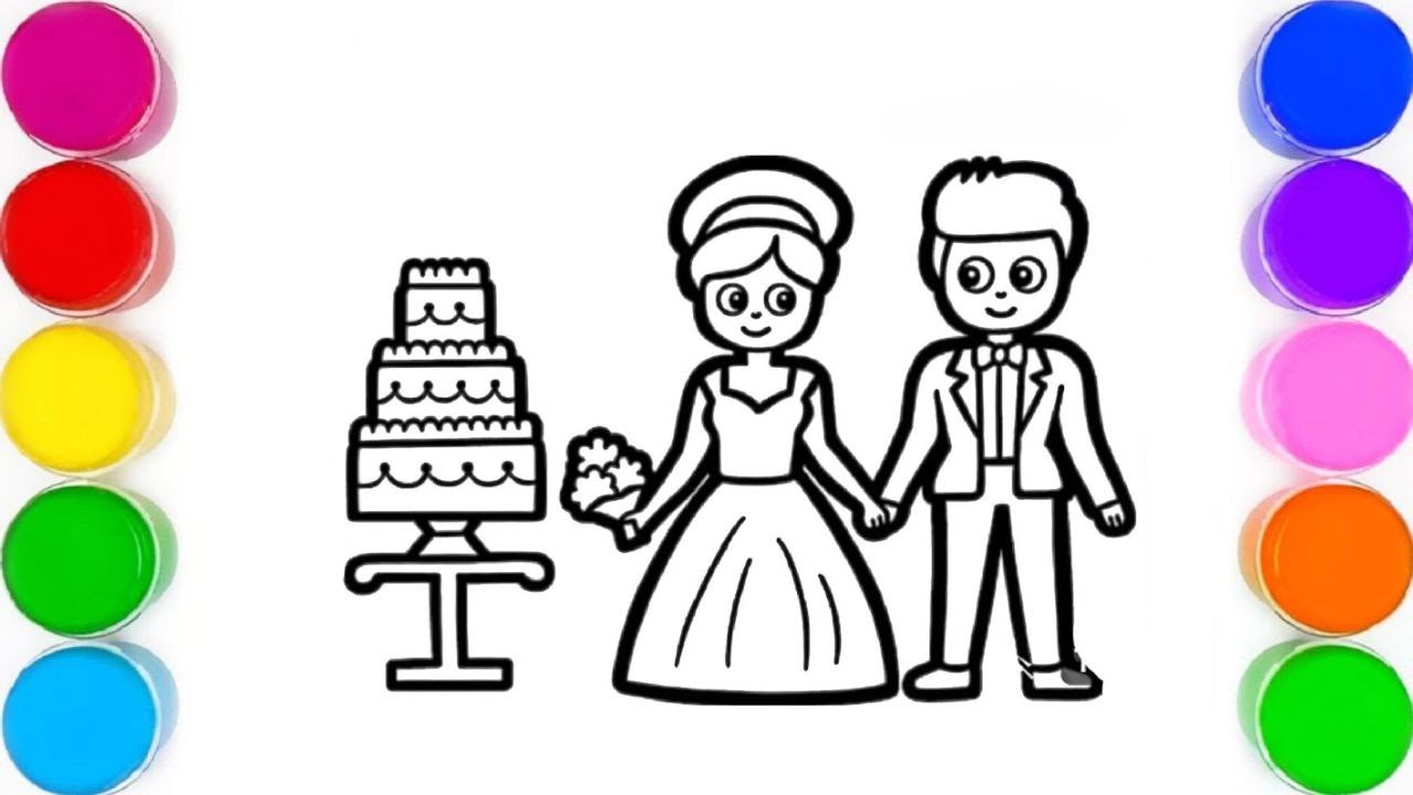 How to draw a Cute Bride and Groom with Cake 🎂 drawing for kids and ...
