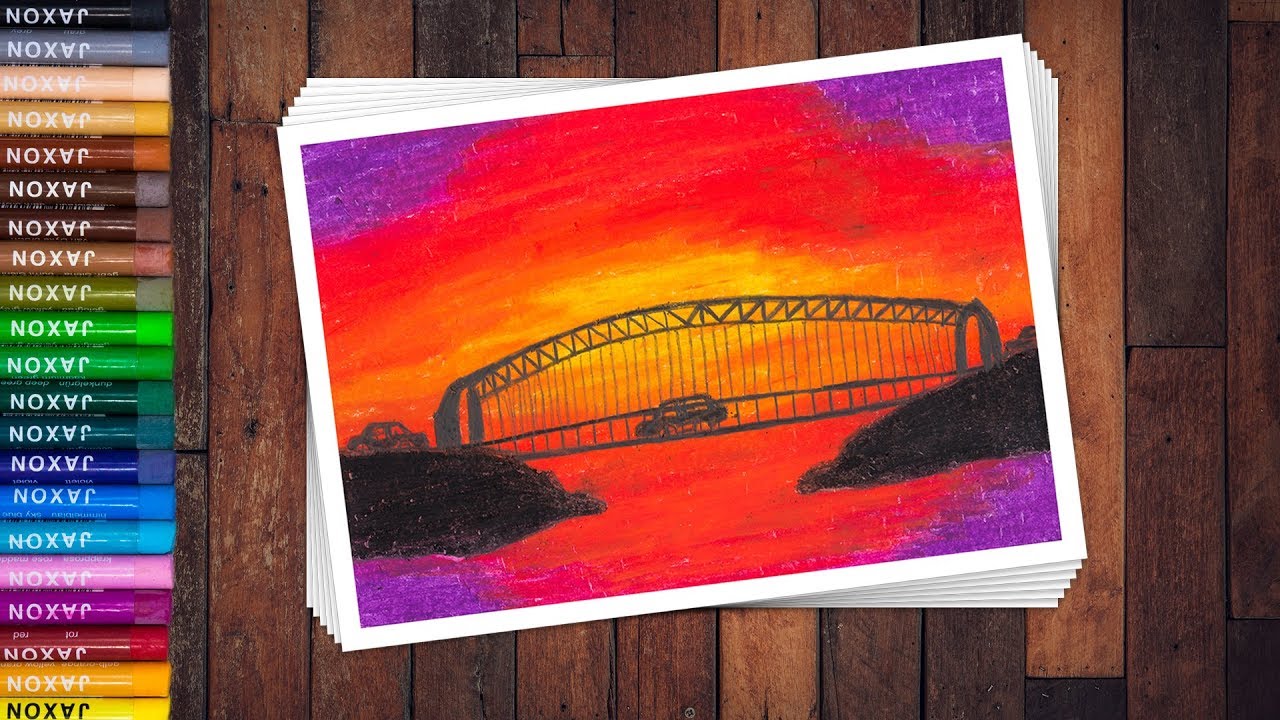 How to Draw Sunset Scenery With a Bridge By Oil Pastel Color | Oil ...