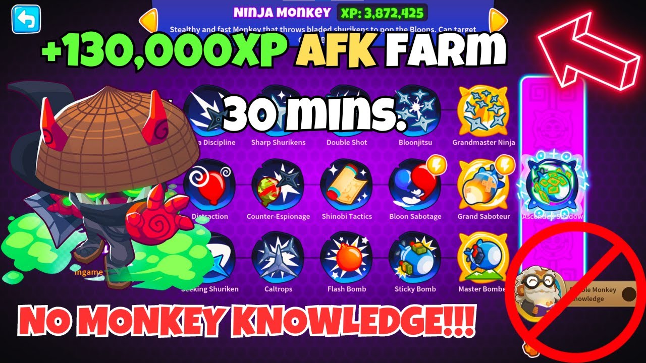 Fast and Easy Ninja Monkey XP Farm BTD-6 NO MK - YouTube