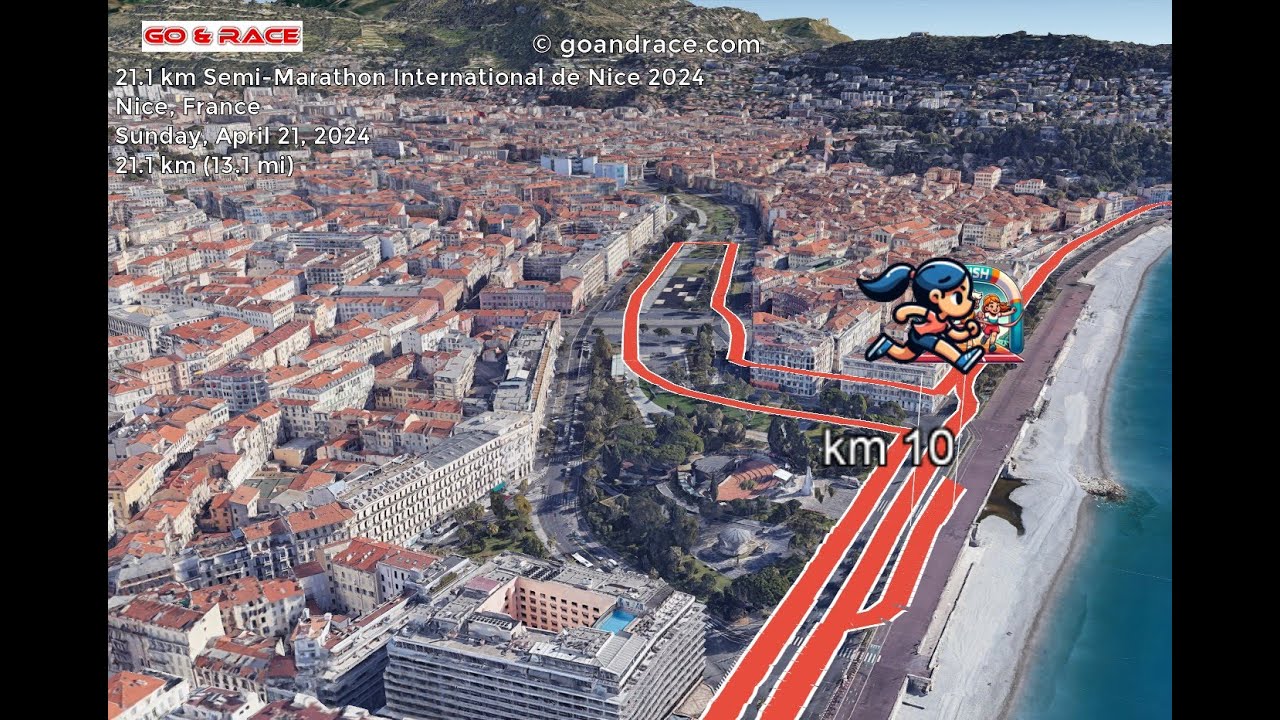 21.1 km Semi-Marathon International de Nice 2024, 3D video course map ...