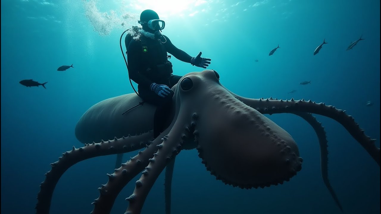 A fearless deep-sea diver in advanced high-tech diving gear sits atop a ...