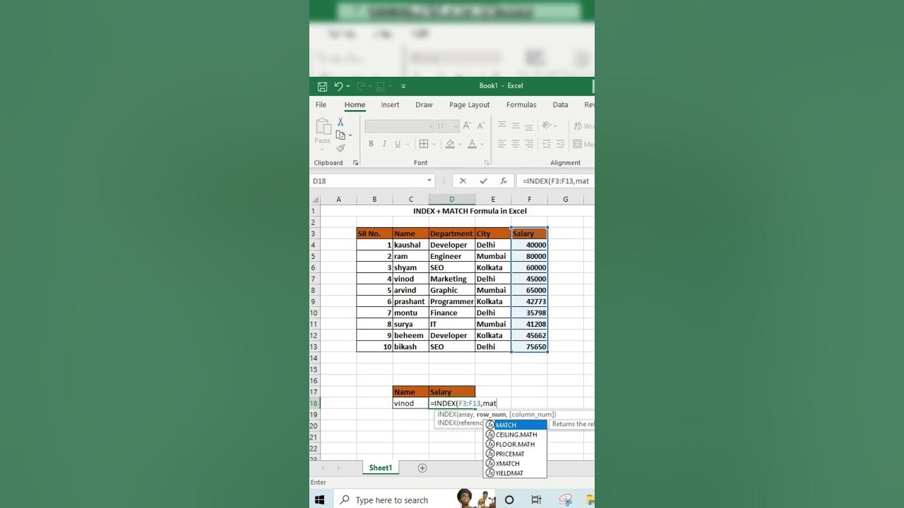 Using INDEX + Match Function Microsoft Excel #shortsfeed #exceltips #tricks #youtubeshorts - YouTube
