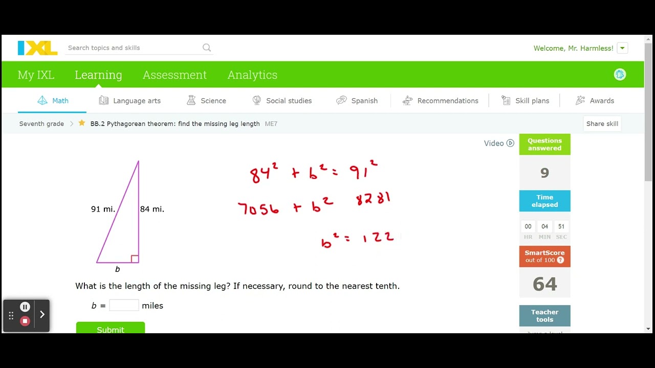 IXL 7th Grade Pythagorean theorem: find the leg - YouTube