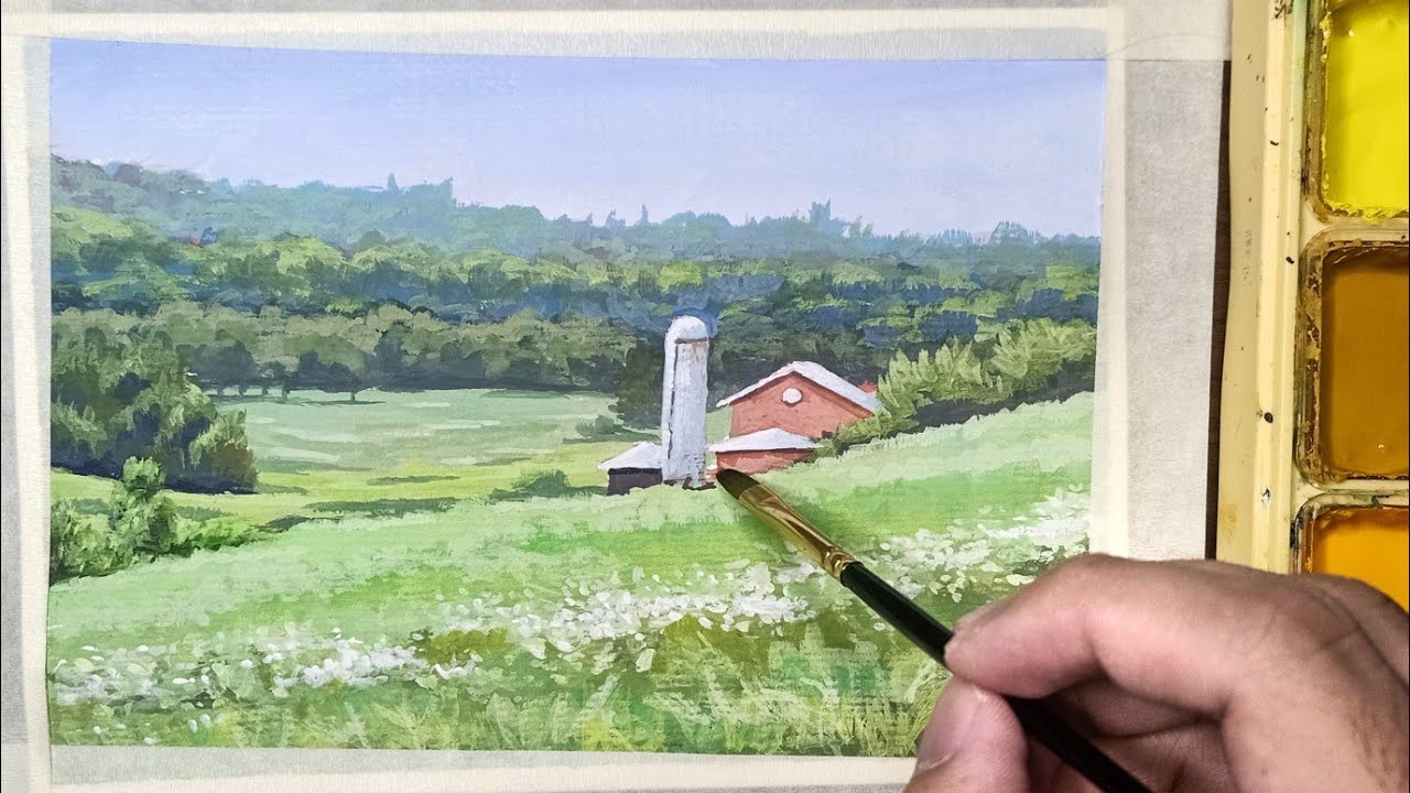 Gouache Painting | Hillside Farm | Himi Miya - YouTube