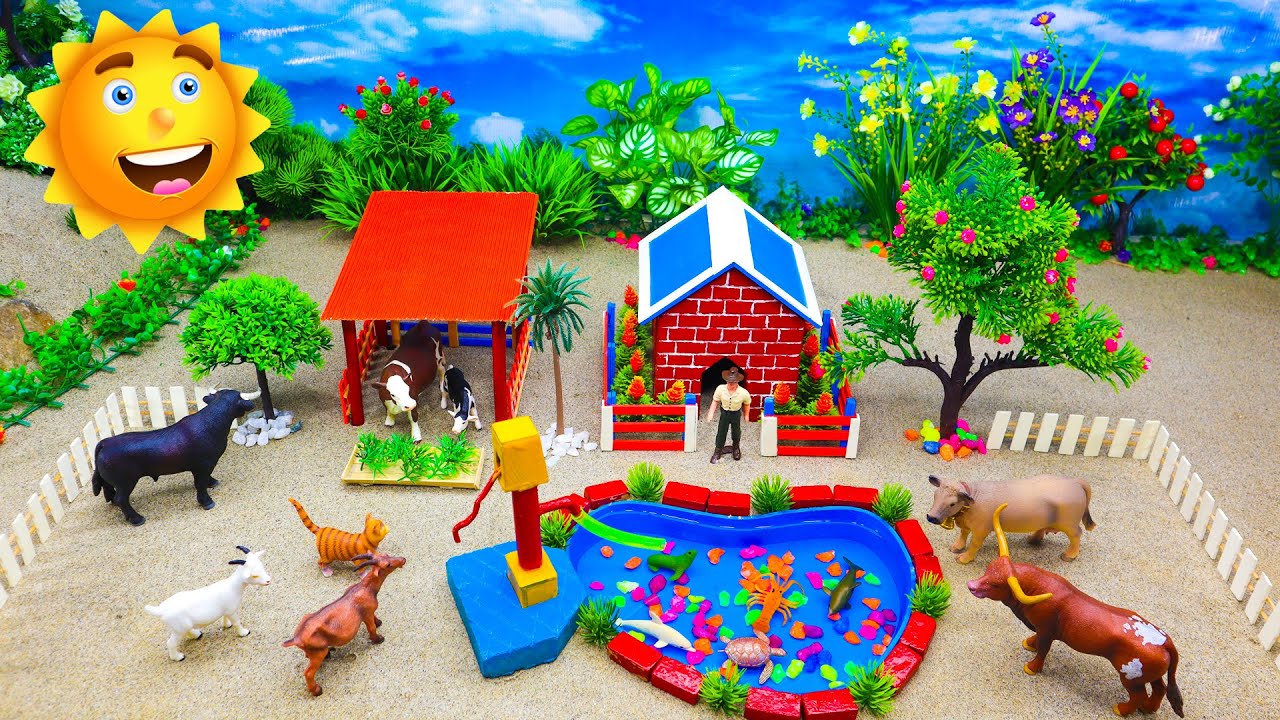 Diy tractor Farm Diorama with house for cow, goat | Mini hand pump ...