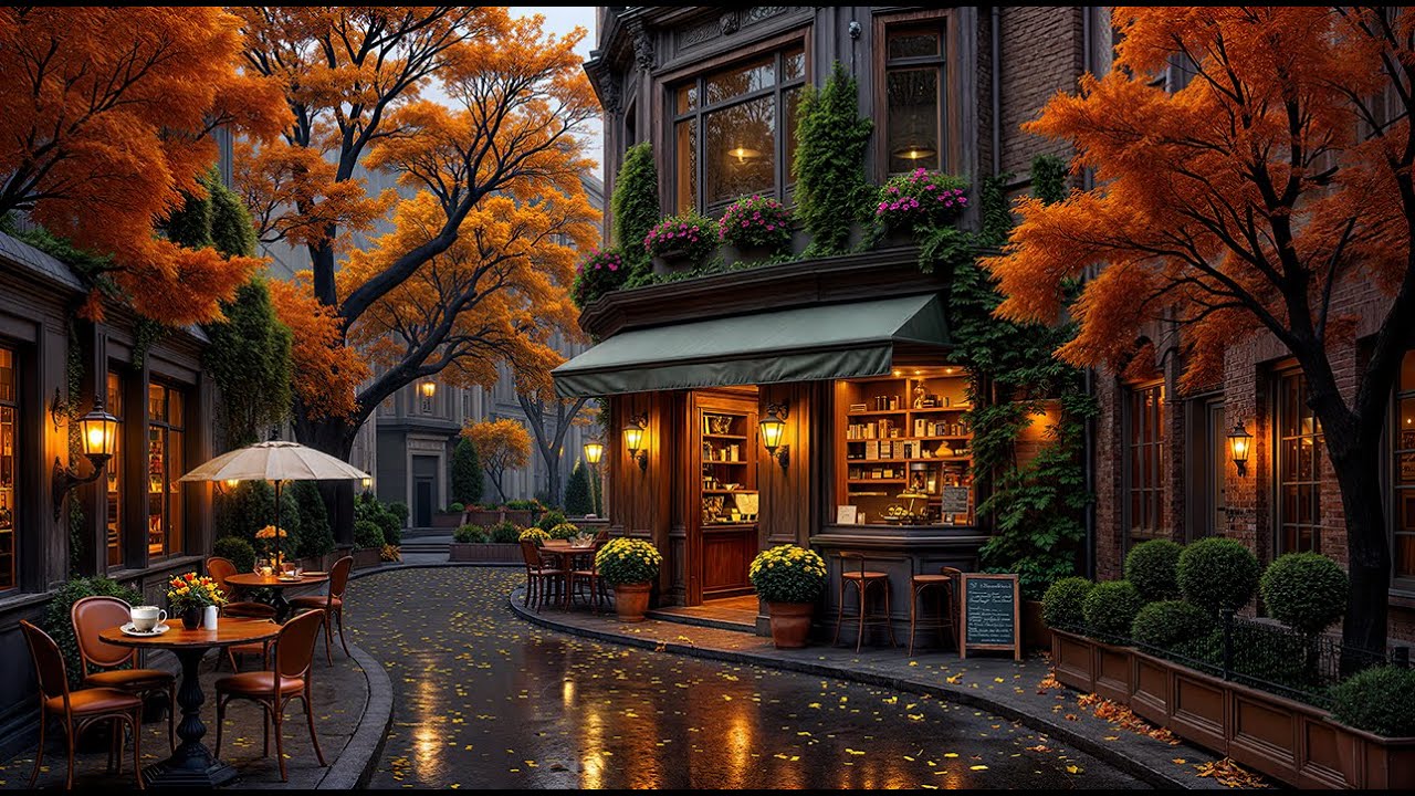 Cozy Autumn Vibes at Outdoor Cafe Ambience 🍂 Smooth Jazz Music for ...