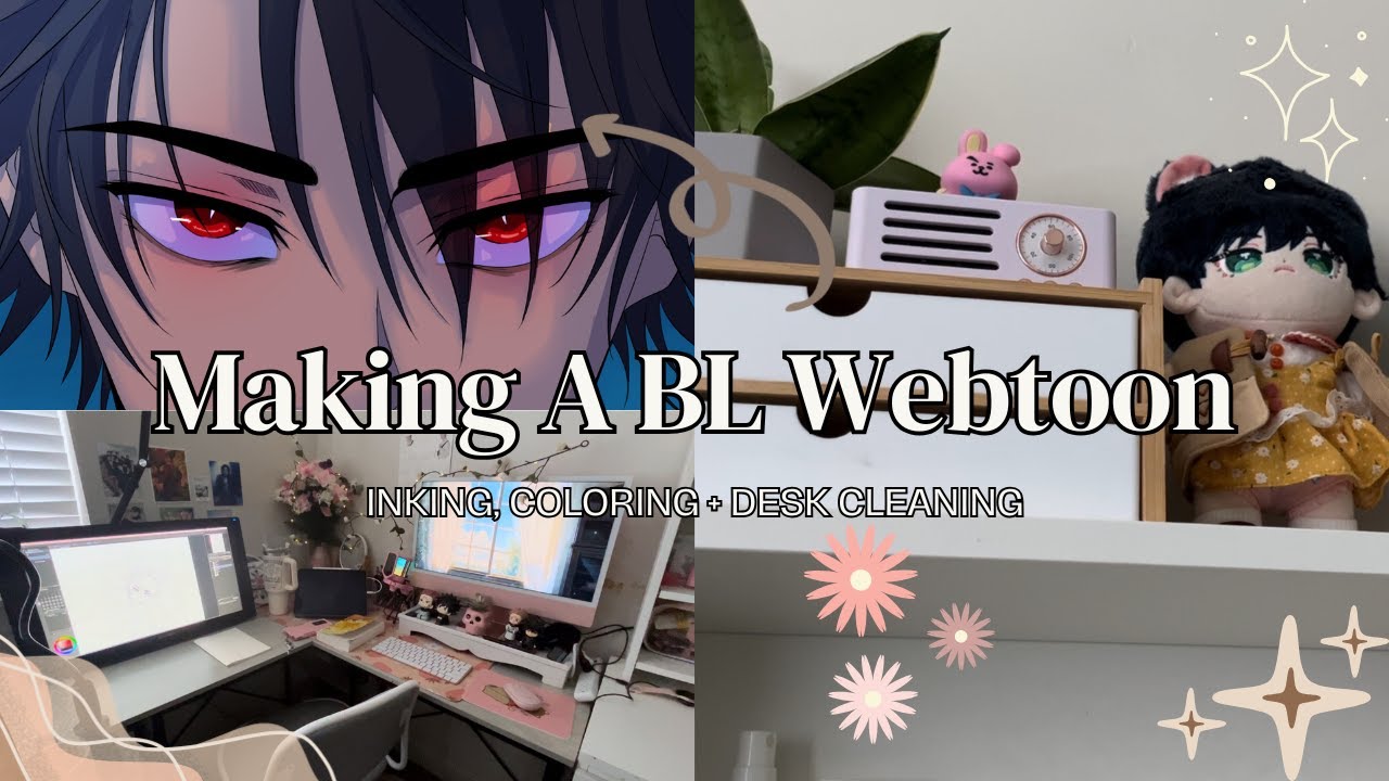 ☕️(COZY STUDIO VLOG) ️ MAKING A BL WEBTOON: Inking, coloring, and desk ...