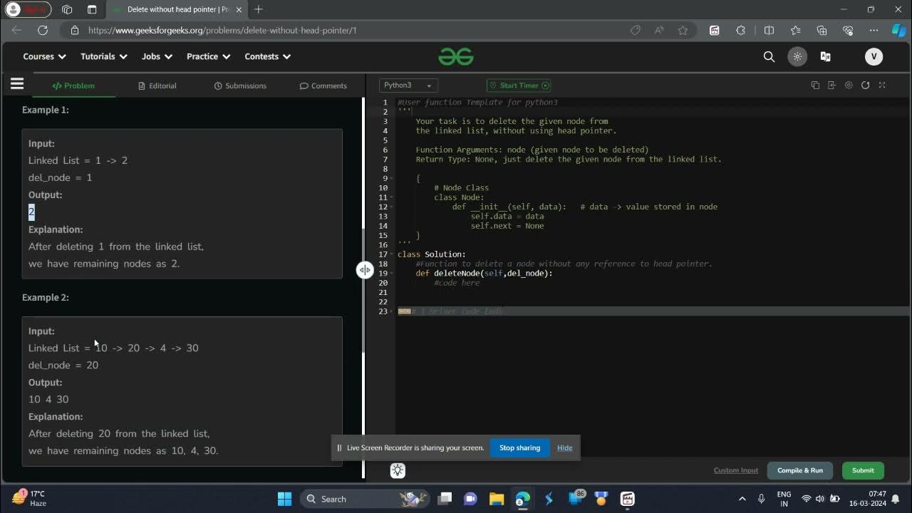 Delete Without Head Pointer Gfg Potd Python Solution Geeks For Geeks Problem Of The Day Python