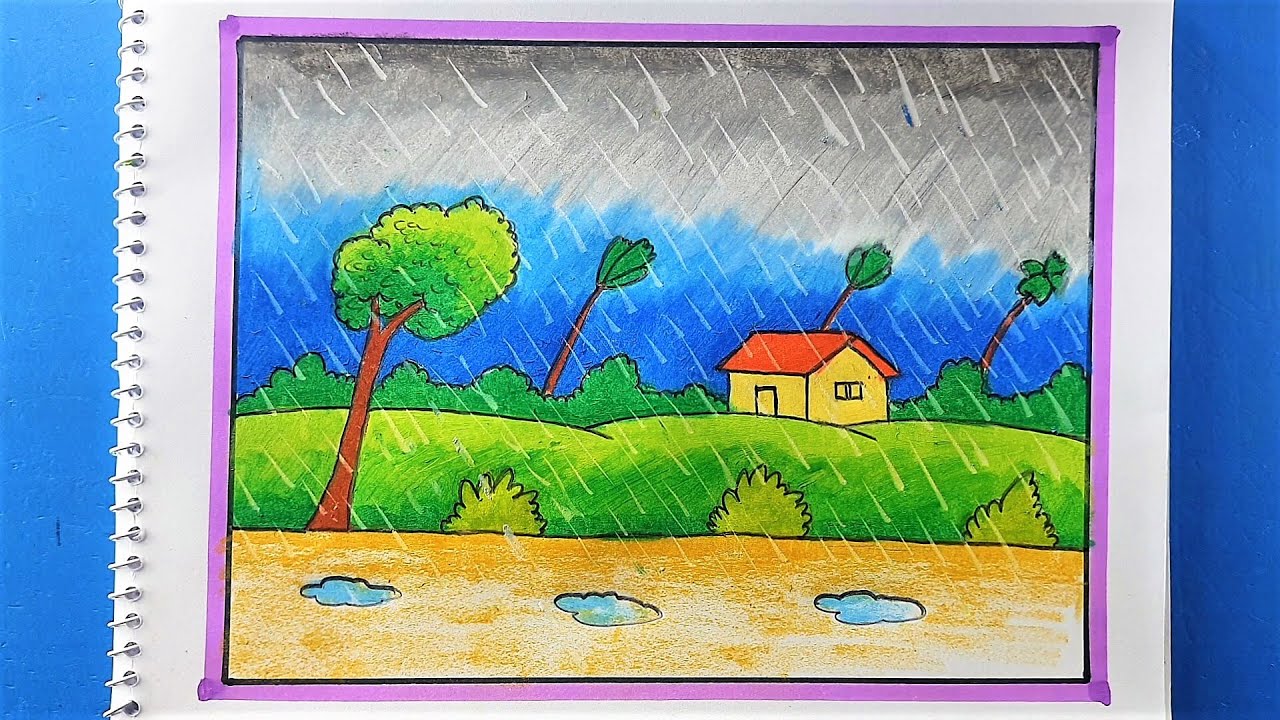 Rainy Scenery Drawing & Painting 😍😍 বর্ষাকালের দৃশ্য আঁকানোর সহজ কৌশল ...