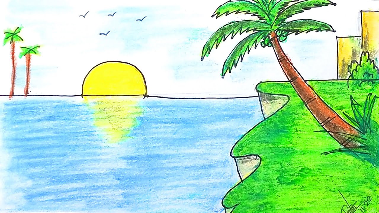 How to Drawing River View Sunset Using Pastel Color | Easy Way to ...