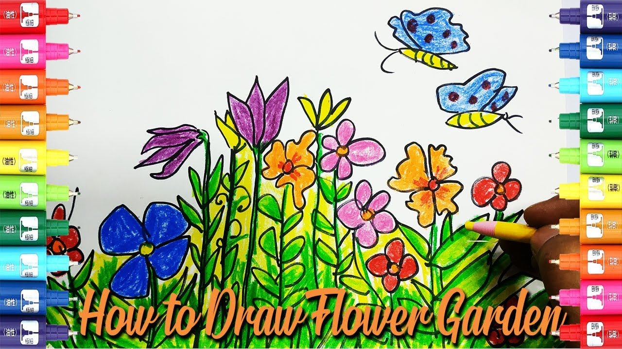 How to draw flower garden - YouTube