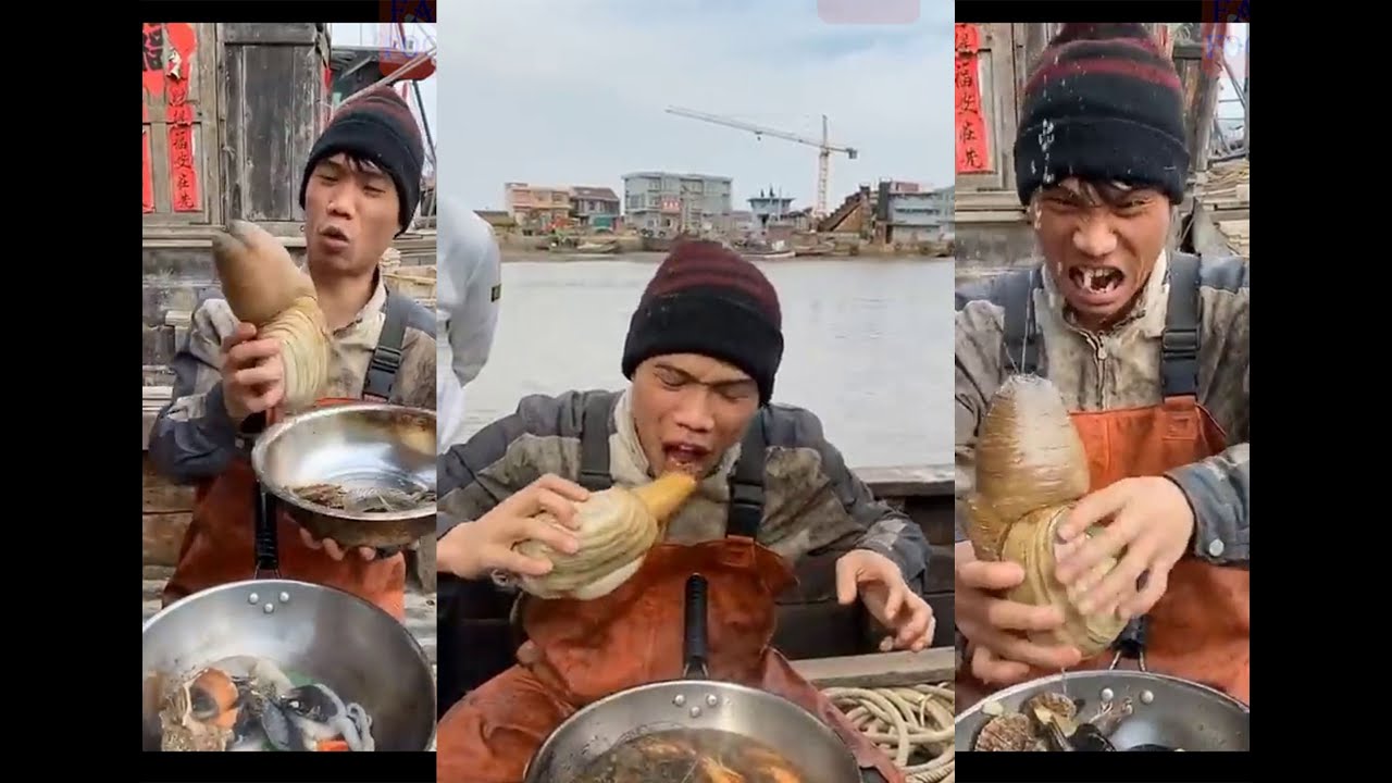 Chinese Fisherman Seafood Mukbang Cooking & Eating Fresh Caught Geoduck ...