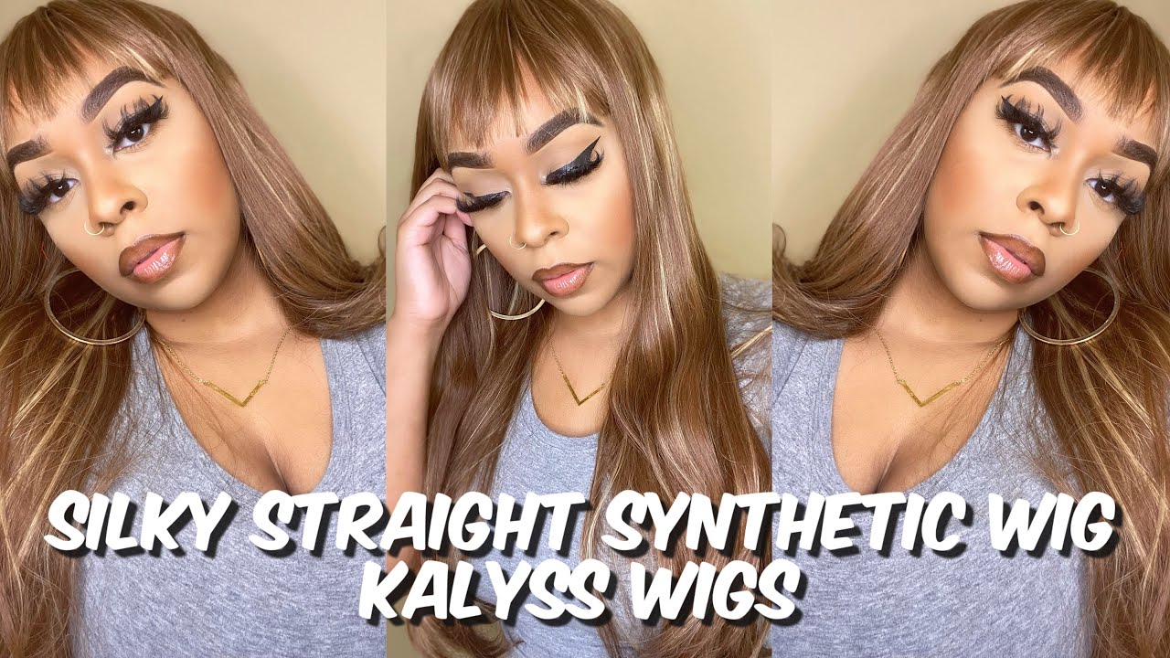 28 INCH LIGHT BROWN W/ BLONDE HIGHLIGHTS SILKY STRAIGHT SYNTHETIC WIG ...