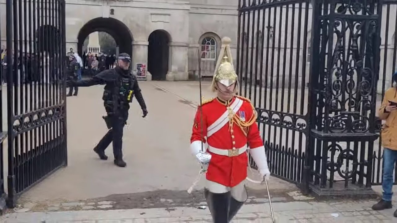 TWO GUARDS SHOUT GET BACK BEHIND THE BALLARDS MOVE AWAY FROM THE HORSE ...