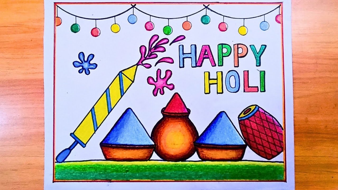 Holi Drawing Easy/Happy Holi Drawing/Holi Card Drawing Easy Steps/How ...