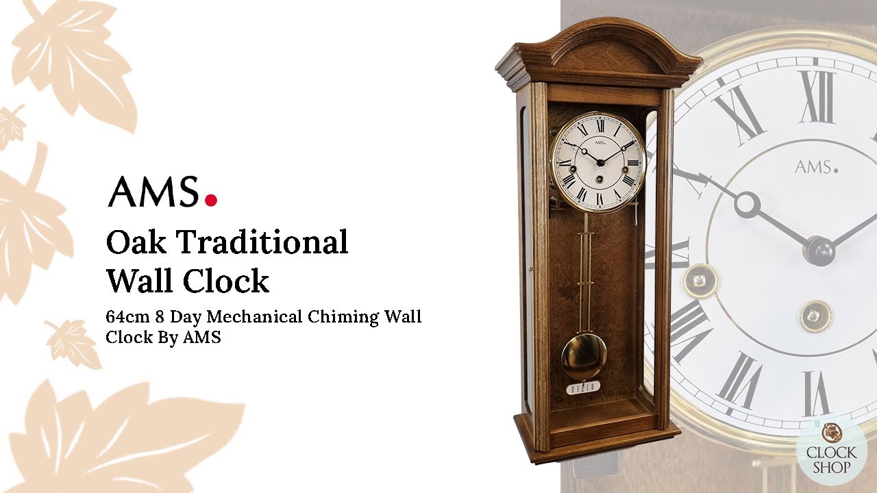 64cm Oak 8 Day Mechanical Chiming Wall Clock By AMS - YouTube