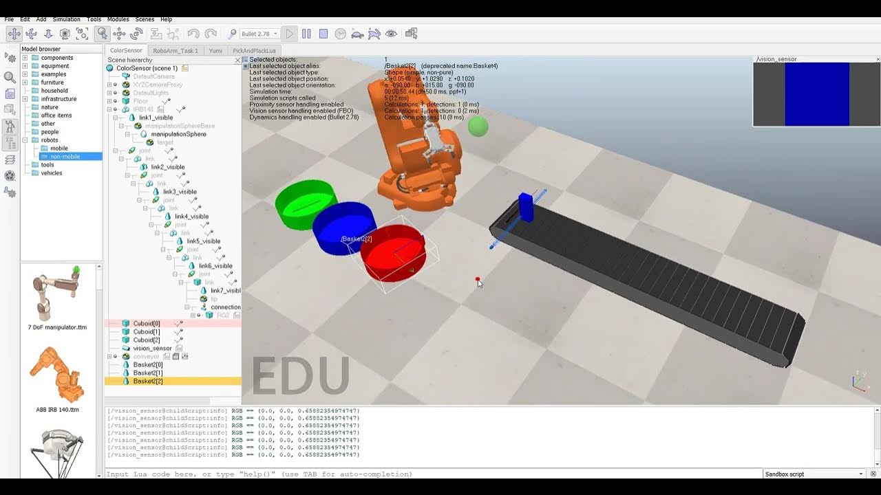 Coppelia Sim (V-REP) ABB IRB Color Sensor camera detect object color ...