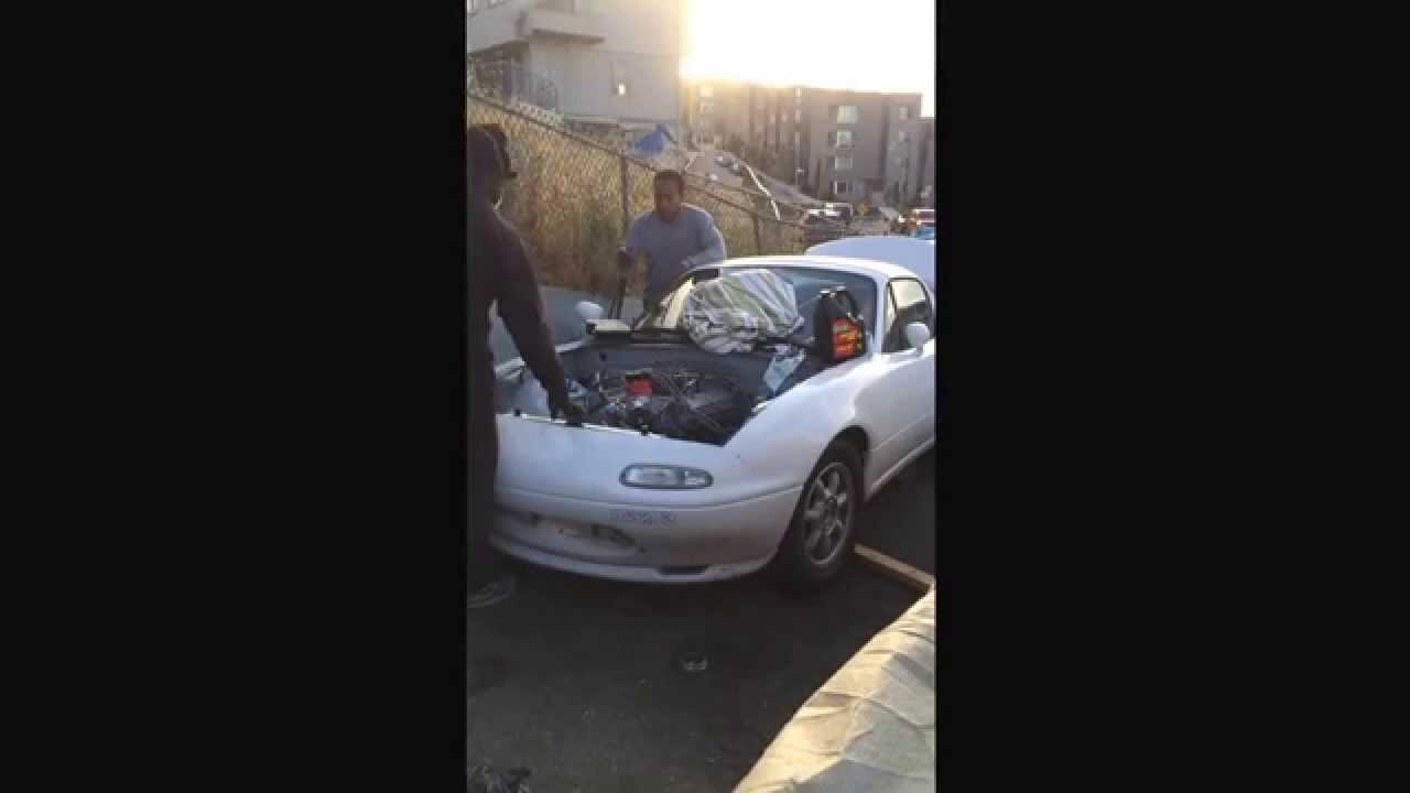 5.0 302 v8 swap miata first start after new cam and heads - YouTube
