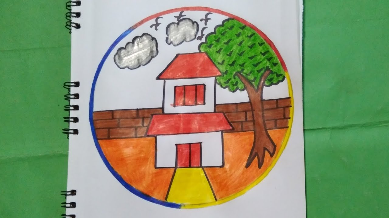 How to Drawing village scenery circle||prakitik drisso drawing||Gramner ...