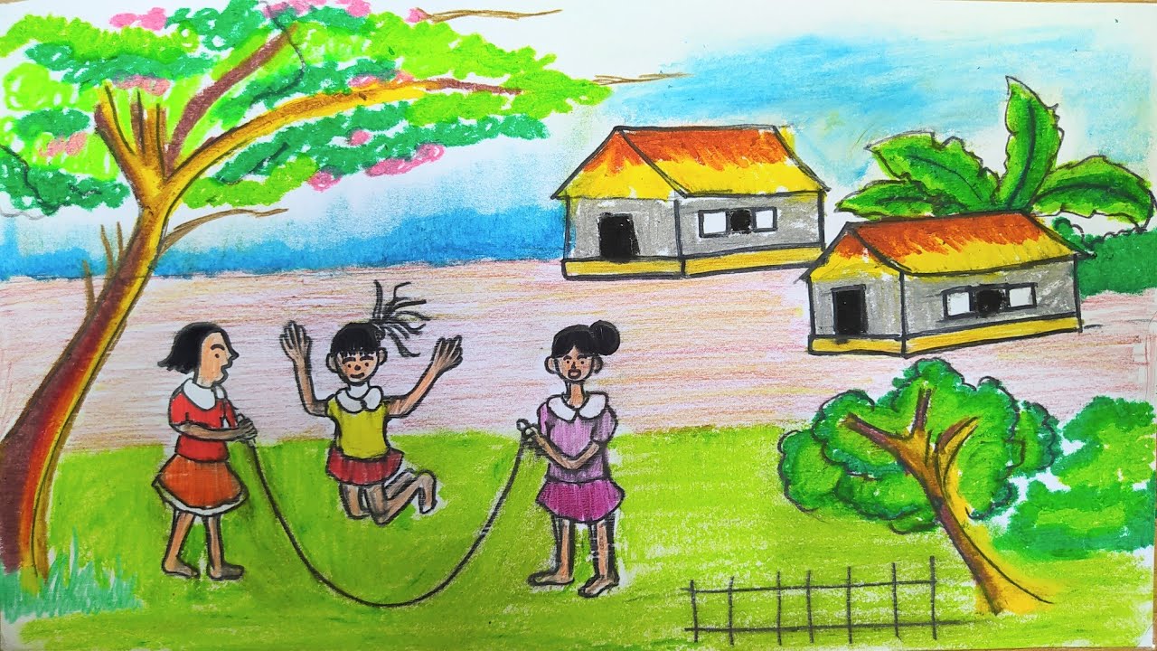 How To draw scenery of Children's Play -Play Jump Rope (Easy drawing ...