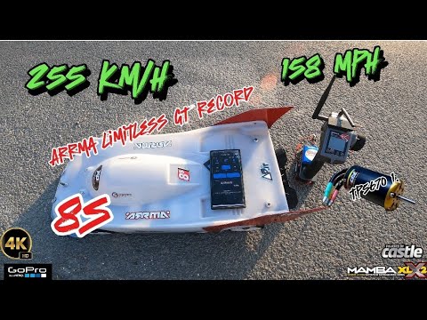 Arrma limitless GT tp 5670 speedrun test 255km/h == 158mph - YouTube