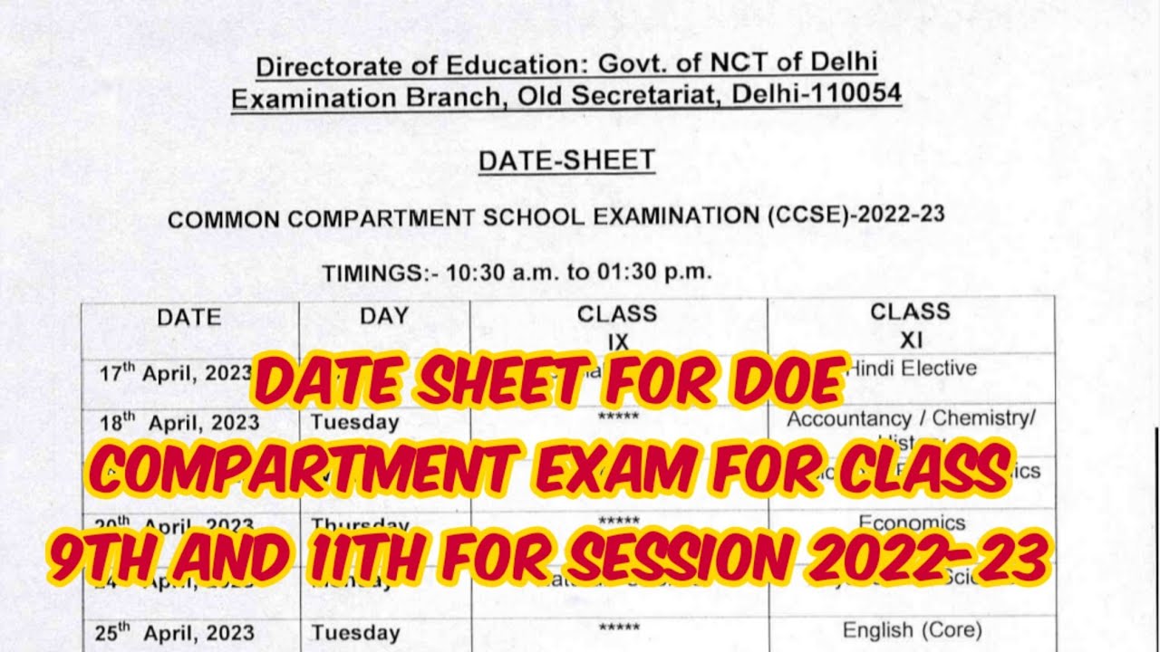 date sheet for doe compartment exam for class 9th and 11th for session ...