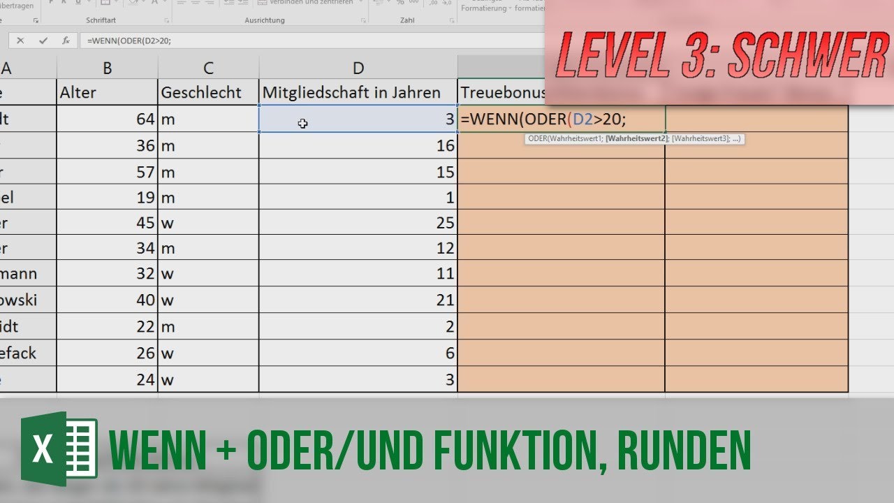 Microsoft Office Excel 2016 Tutorial: WENN + ODER/UND Funktion ...