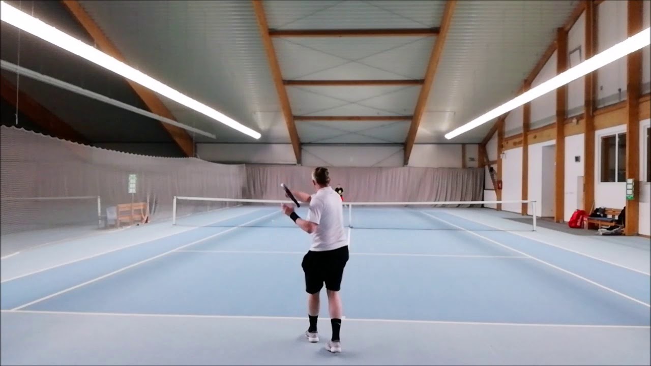 Tennis indoor practice on blue carpet court - YouTube