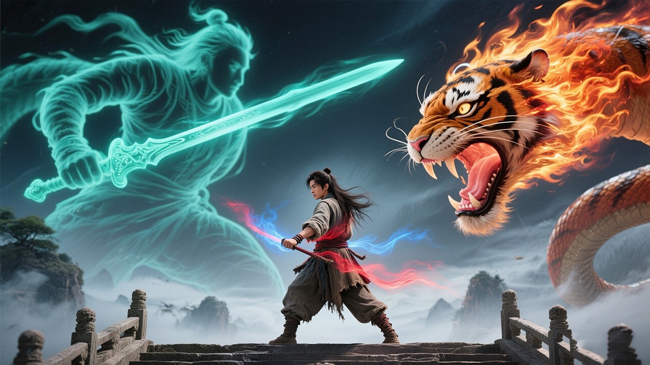The villain summoned a fire python tiger to attack, but was easily ...