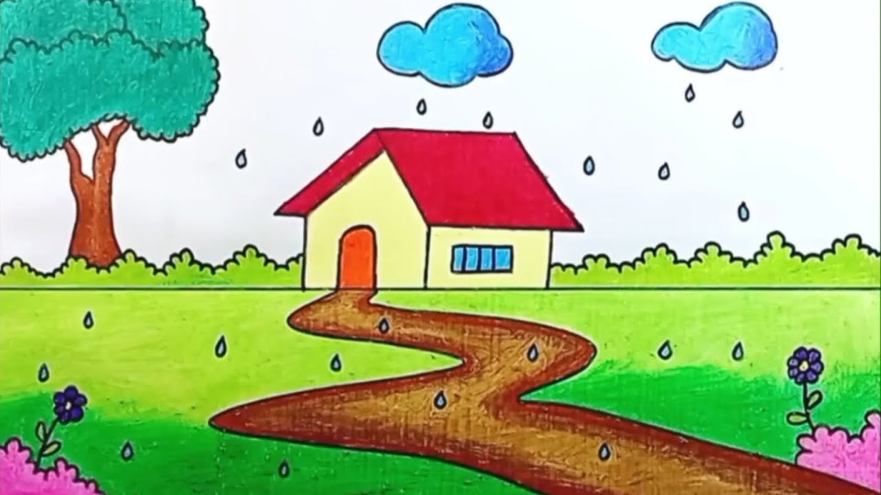 Beautiful Raining Scenery Drawing Tutorial Step By Step || Raining ...