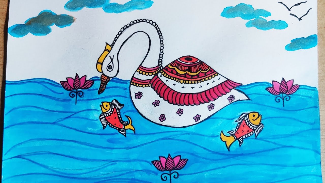 How to draw swan/Madhubani painting for beginners/birds painting ...