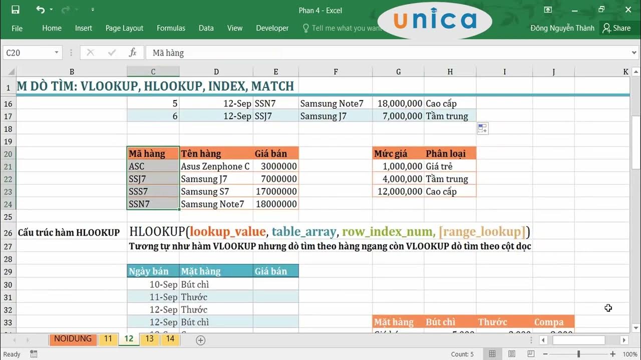 Học Excel - Hàm dò tìm: Vlookup, Hlookup, Index, Match - YouTube