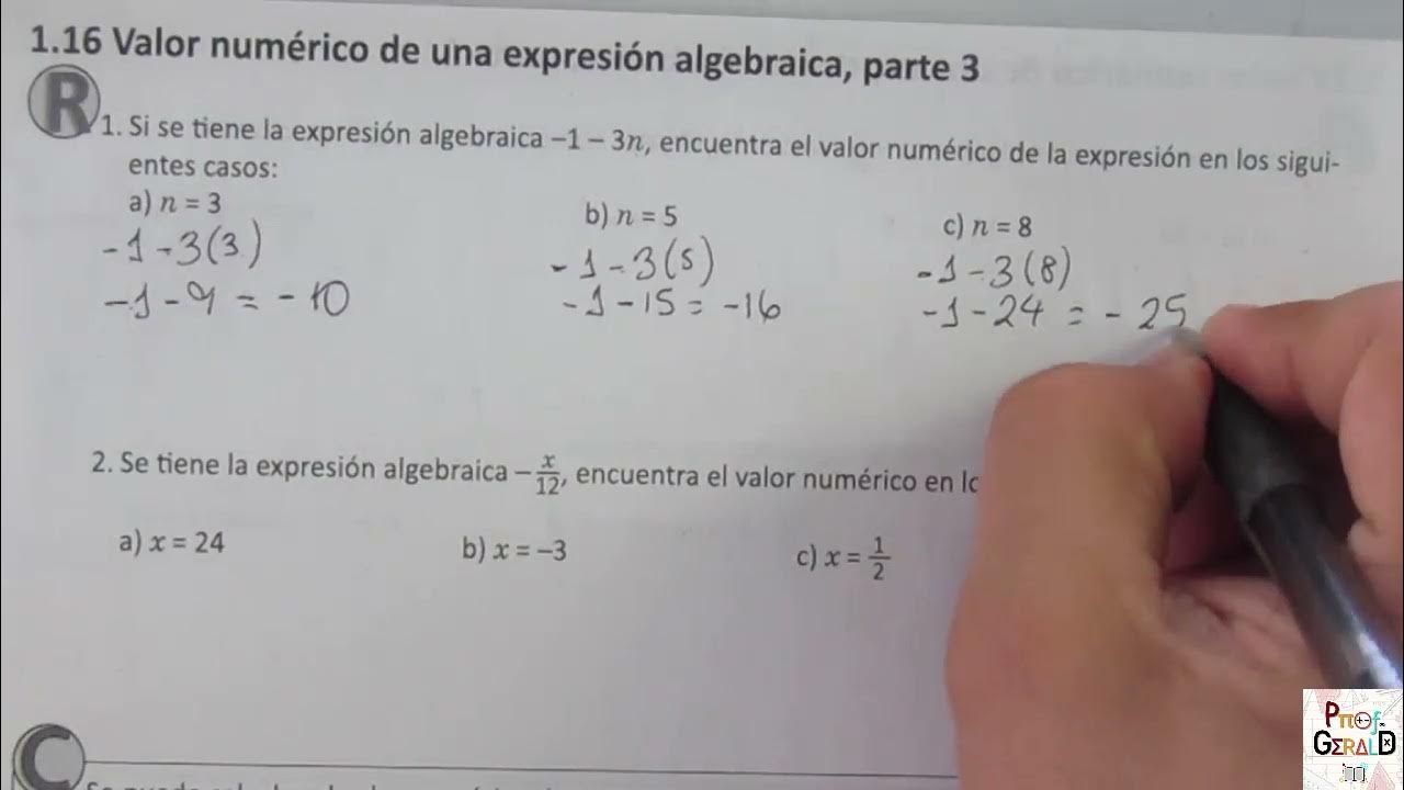 1.16 VALOR NUMERICO DE UNA EXPRESION ALGEBRAICA PARTE 3 7º GRADO ...