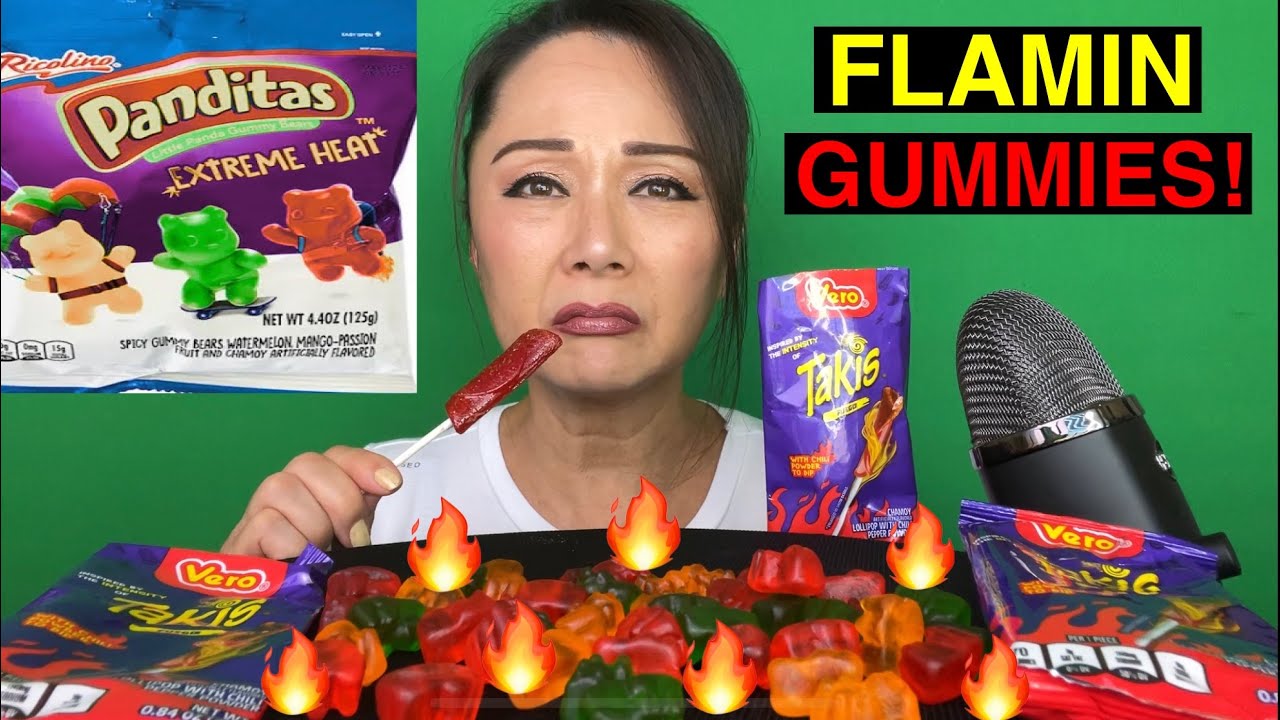 SPICY GUMMIES & TAKIS FLAMIN HOT LOLLIPOP CANDY #젤 #사탕 - YouTube
