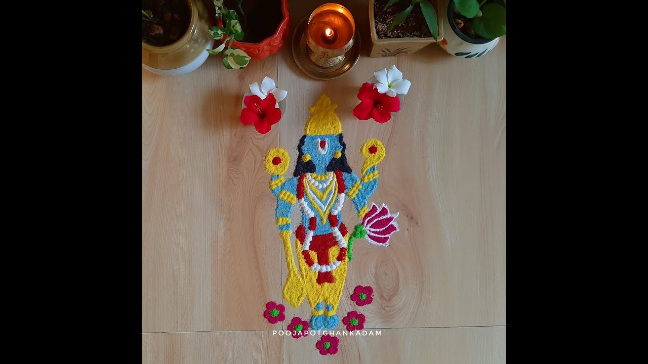 Ekadashi special rangoli | Vishnu rangoli | Easy to make Vishnu rangoli ...