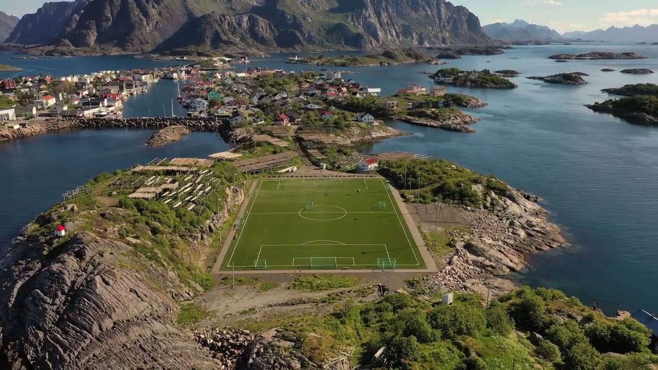 norway lofoten football field stadium in henningsvaer from above Norway ...