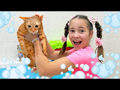 Sofia bathes the kitten and makes a kindergarten