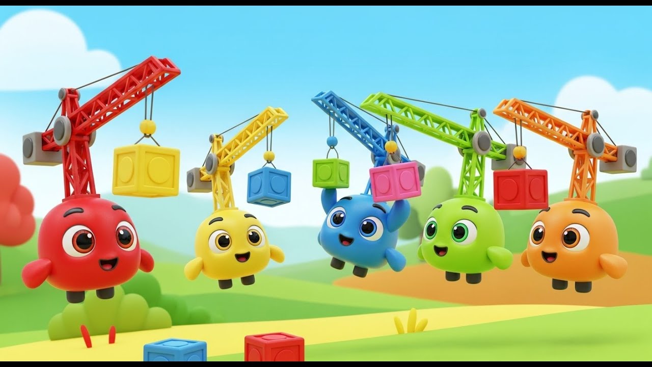 Cinco pequeñas grúas de juguete levantan | Canción de construcción para ...