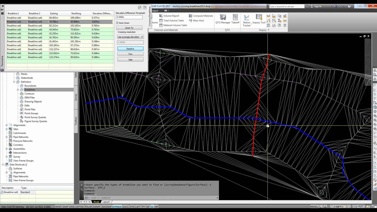 resolve crossing breaklines in Civil 3D 2013 - YouTube