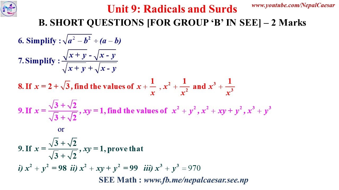 SEE Mathematics Unit 9: Radicals and Surds| Short Questions Answers SEE ...