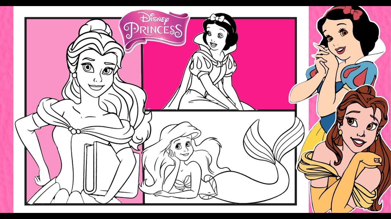 DISNEY PRINCESSES Coloring Page Fun COLOR ARIEL SNOW WHITE BELLE ...