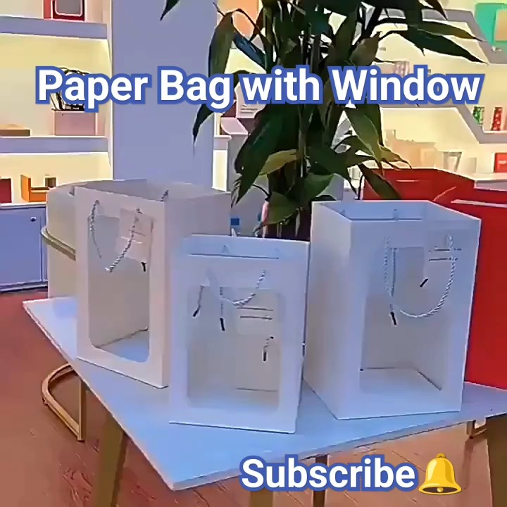 Custom vertical PVC clear window paper bags, bouquet gift carry paper ...