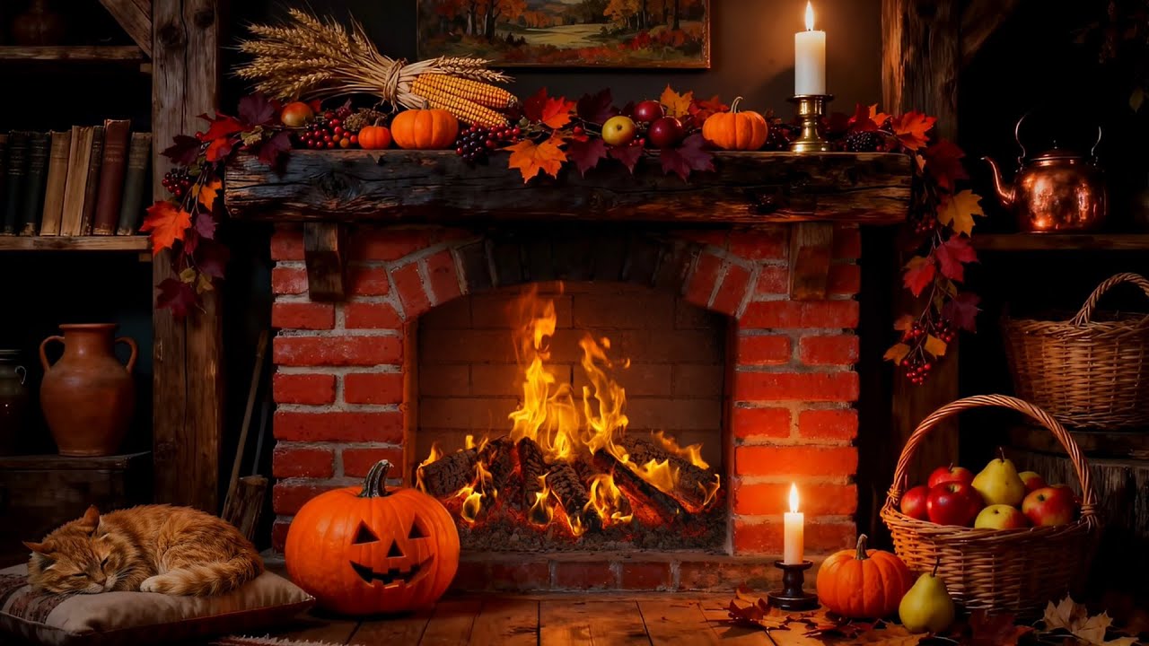 Warm Autumn Fireplace Cabin Ambience 🔥🍂 Cozy Fall & Helloween Pumpkins ...