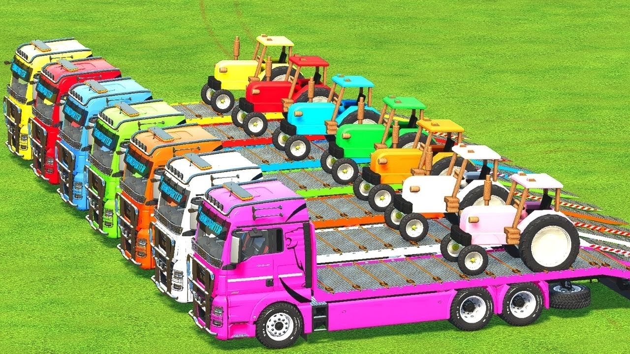 COLORED TOY TRACTORS TRANSPORTING WITH MAN TRUCKS ! SLIDE & GARAGE ...