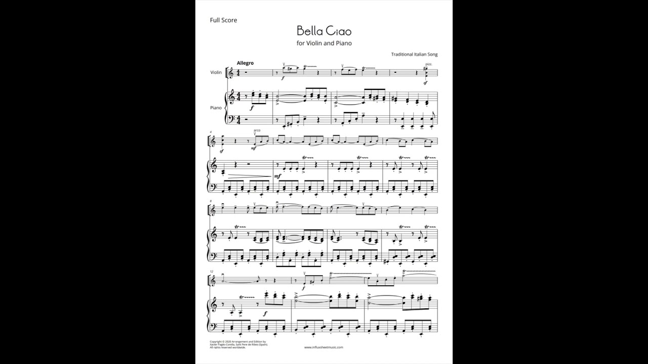 Bella Ciao - Violin and Piano - Sheet Music - Score and Parts - YouTube