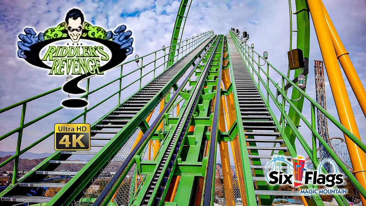 2022 The Riddler's Revenge Stand Up Roller Coaster OnRide Front Seat 4k ...