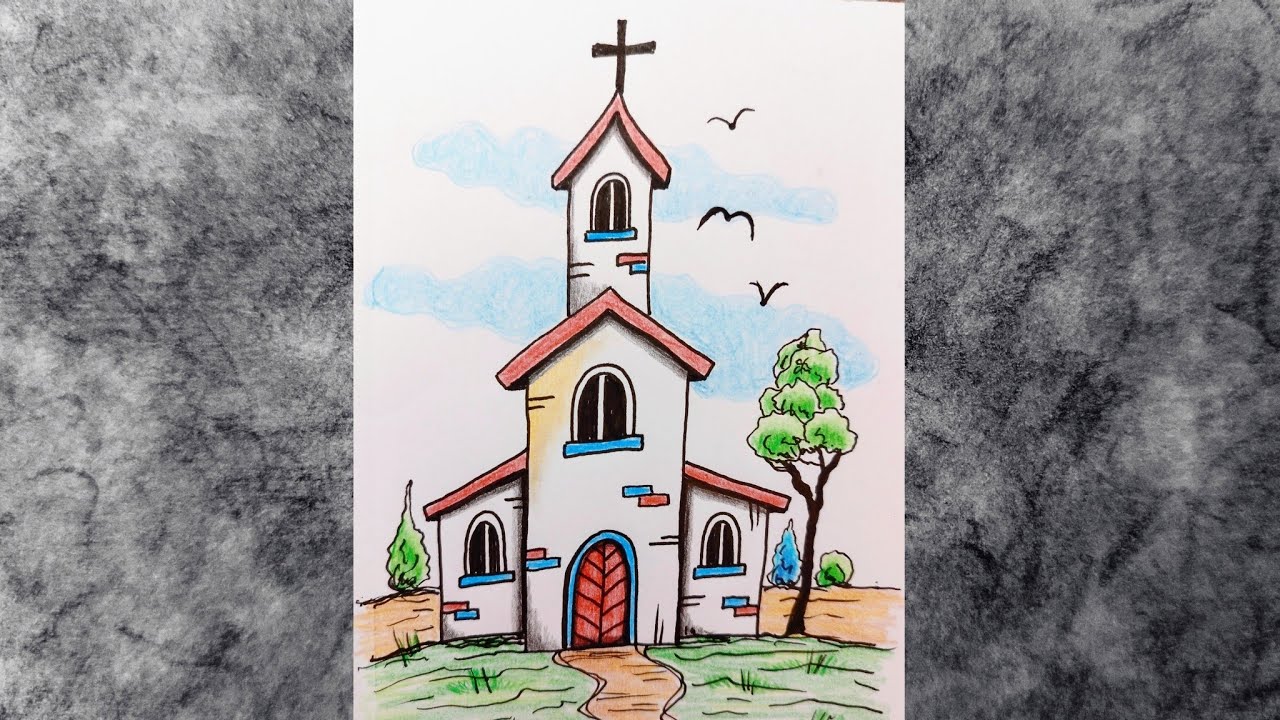 Little Church Landscape Drawing for Beginners by Colored Pencils and ...