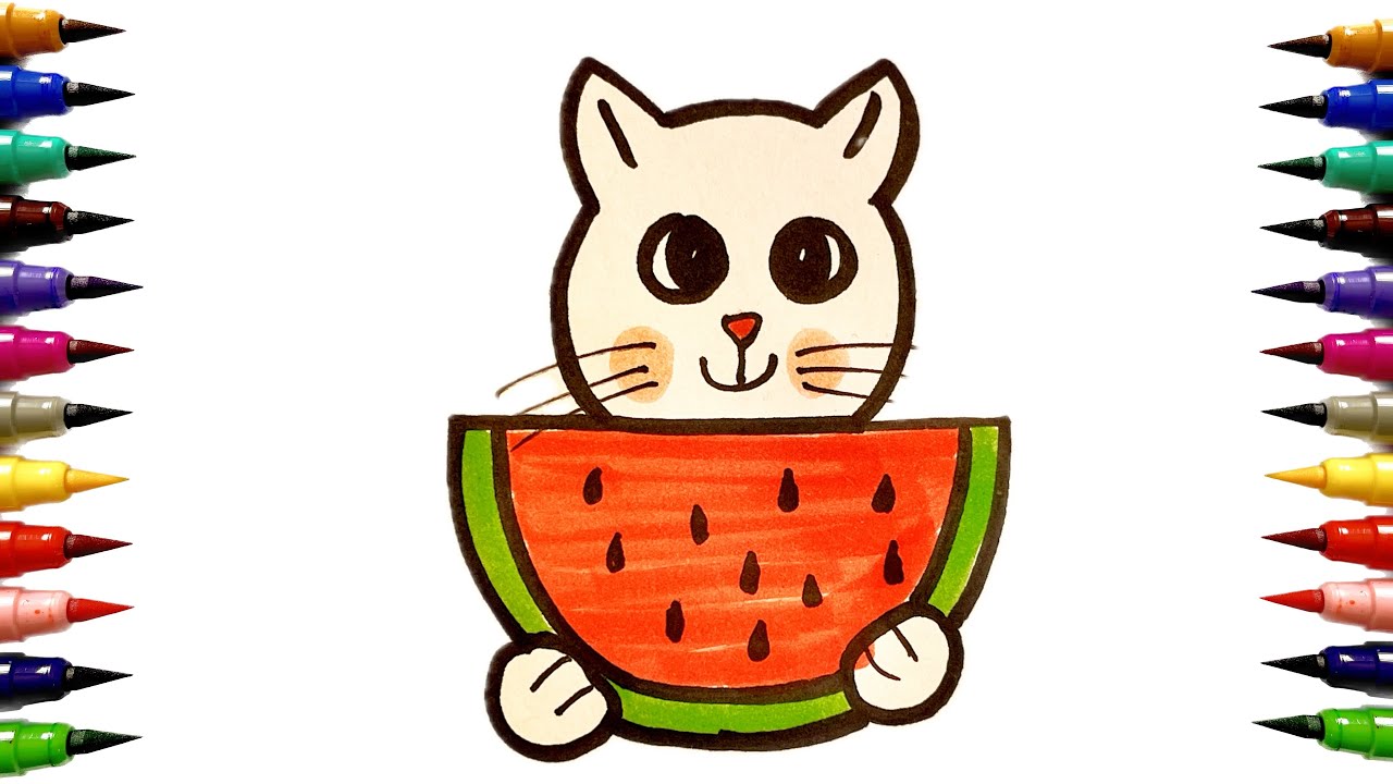 Cat Eating Watermelon 🍉| How To Draw Cute Cat | Watermelon Drawing ...