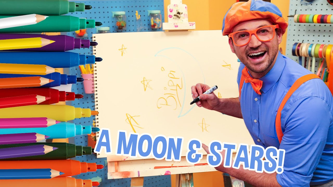 How To Draw A Moon and Stars | Draw with Blippi | Arts and Crafts For ...
